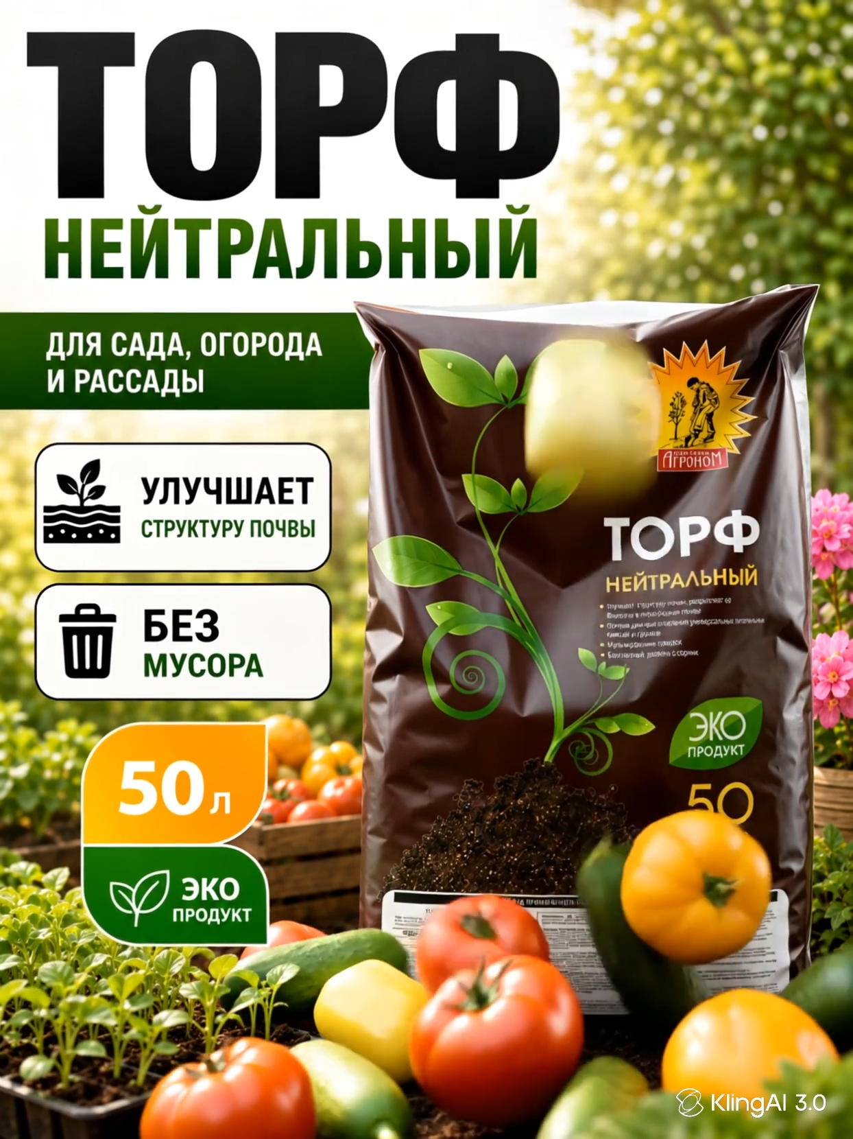 Торф верховой нейтральный Сам себе Агроном 50 л