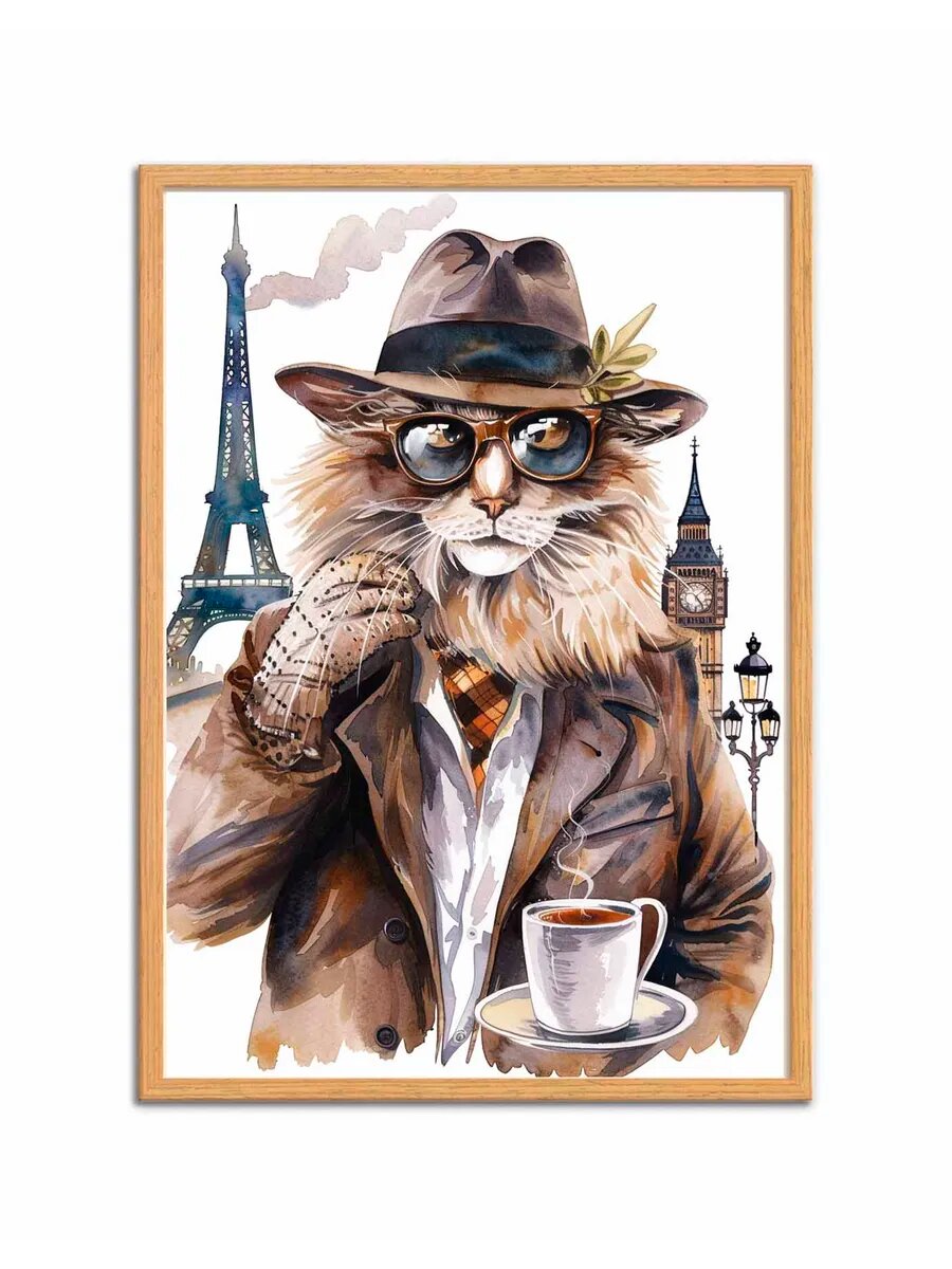 Норвежский Лесной кот-гангстер пьет кофе 3, Плакат 30x42см