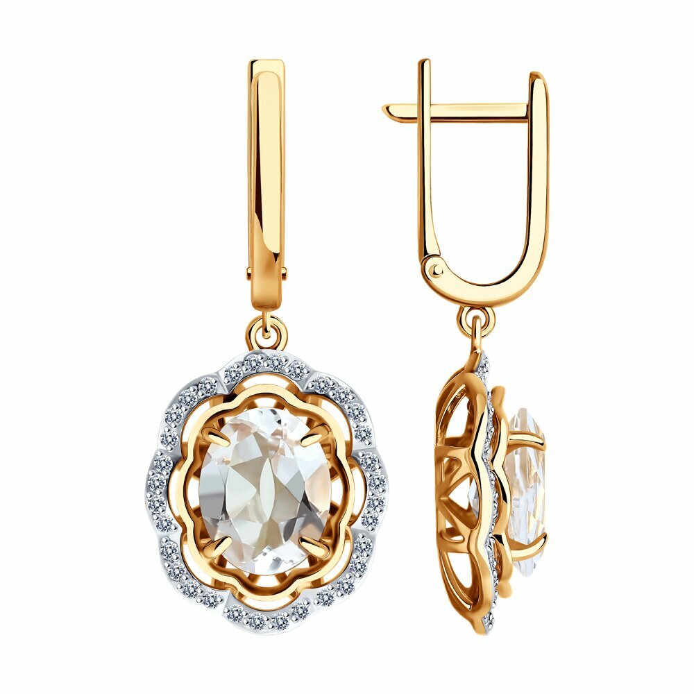 Серьги с подвесками, красное золото, 585 проба, фианит, горный хрусталь