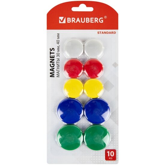 Магниты Brauberg "STANDARD", набор 30 мм - 6 шт, 40 мм - 4 шт, ассорти, 237471