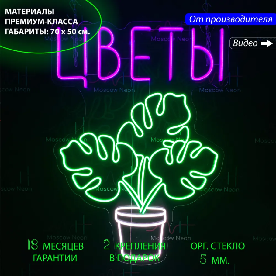 Неоновый светильник, неоновая светодиодная вывеска на стену, настенная неоновая лампа "Горшок с цветком" для цветочного магазина, 70 х 50 см.