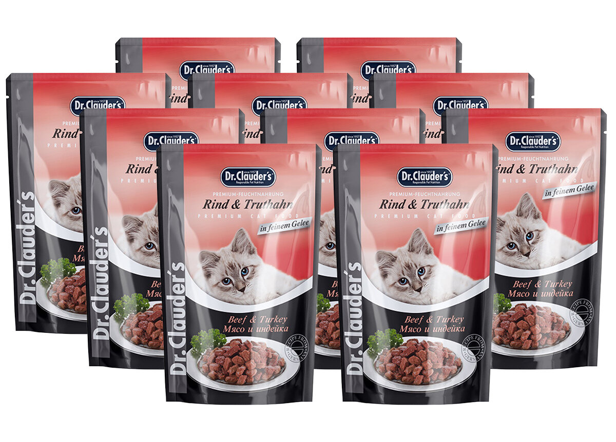 Влажный корм Dr. Clauder’s для взрослых кошек с мясом и индейкой в желе пауч, 85 гр х 10 шт