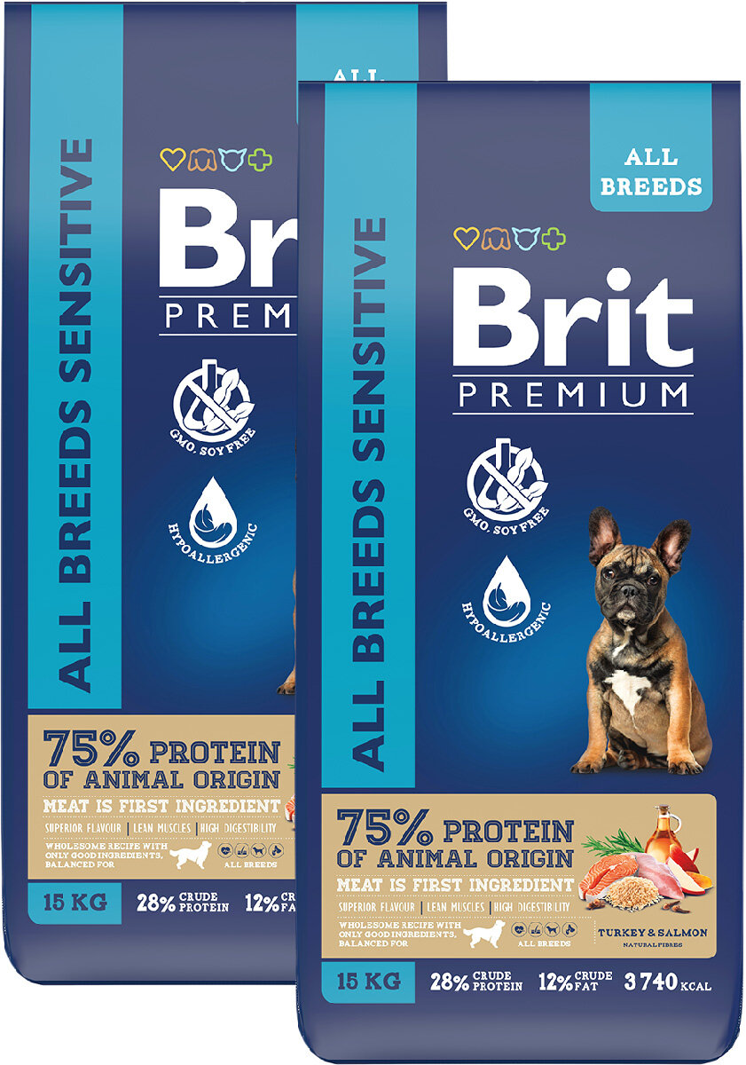 BRIT PREMIUM DOG ADULT SENSITIVE для взр собак всех пород с чувст пищ с лососем и индейкой NEW 15 + 15 кг