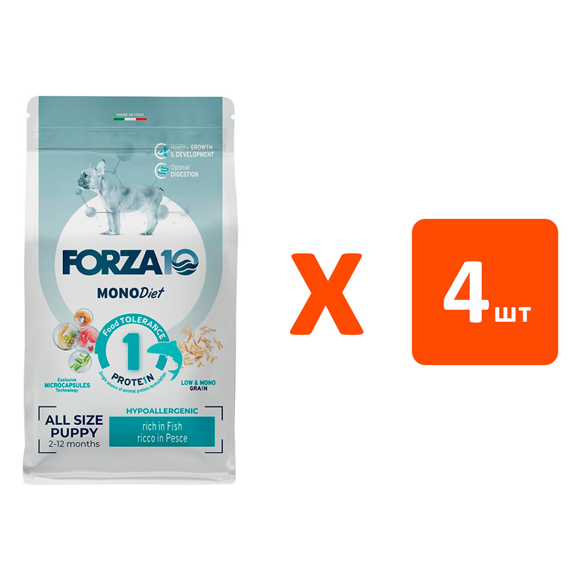 FORZA10 DOG ALL SIZE PUPPY MONODIET LOW GRAIN монобелковый для щенков всех пород при аллергии с рыбой 1,5 кг х 4 шт