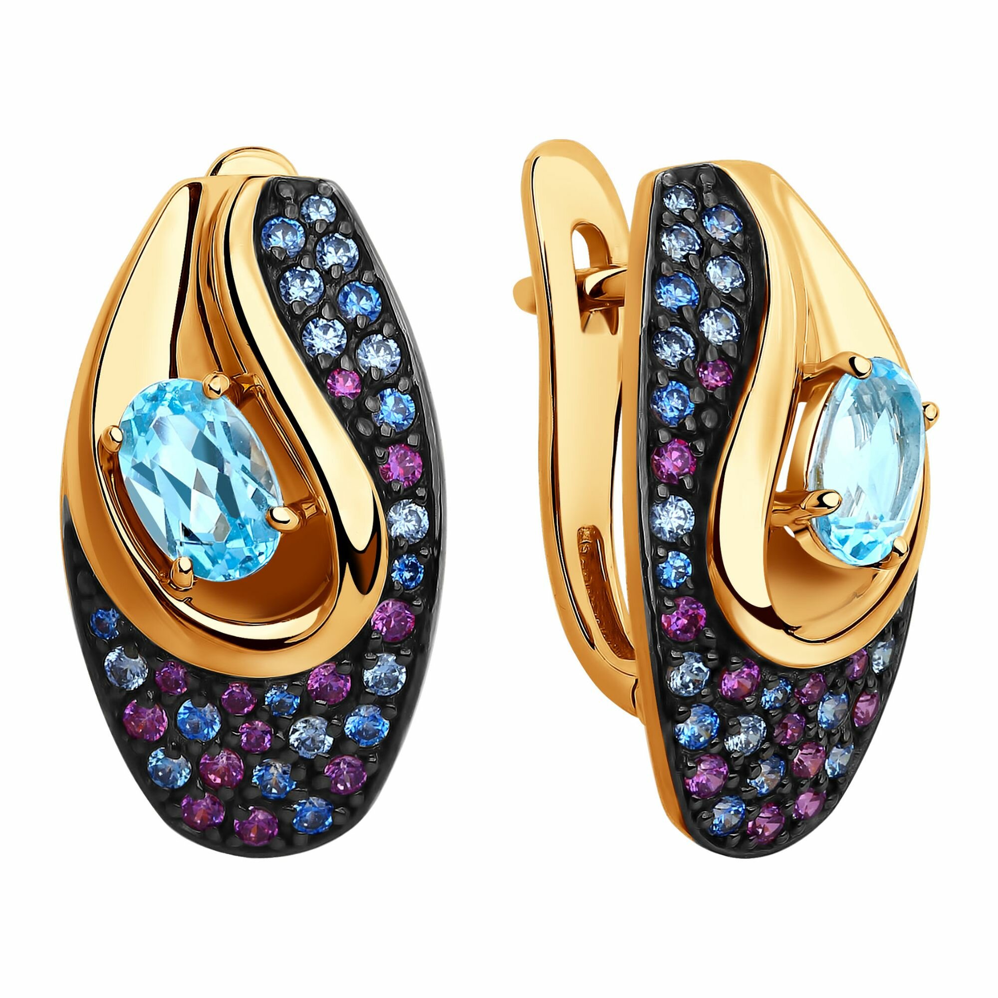 Серьги, красное золото, 585 проба, фианит, топаз, кристаллы Swarovski