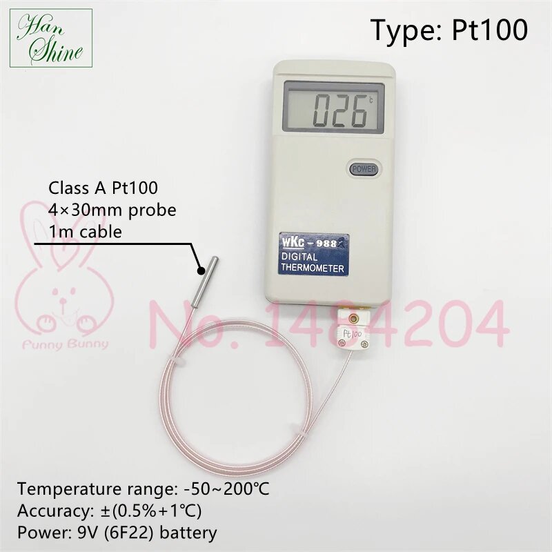 Цифровой термометр Pt100, 4x30мм, 1м, -50~200°C