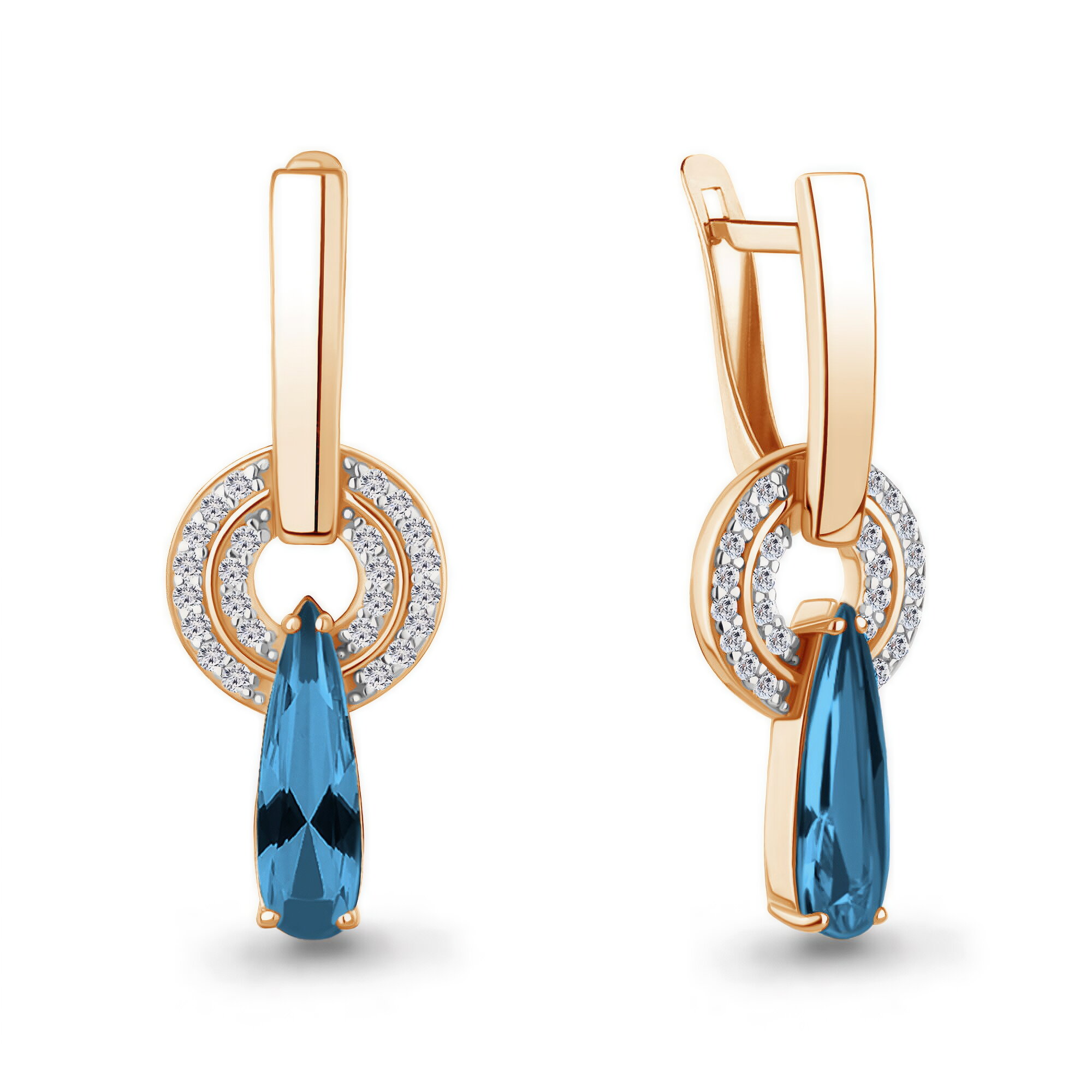 Серьги, серебро, 925 проба, золочение, фианит, Лондон топаз