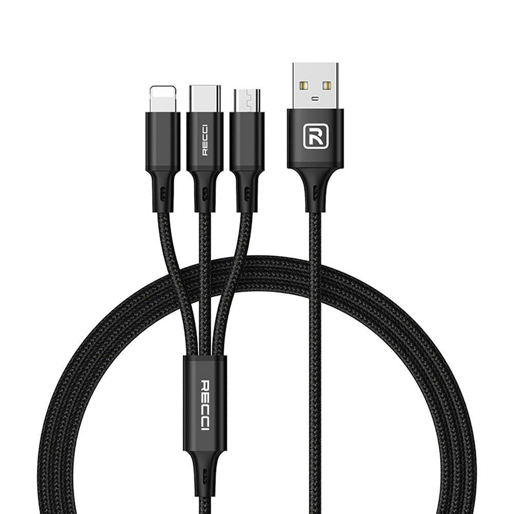 Кабель для зарядки Recci Fast Charging Data Cable 3-in-1, USB to Type-C/Lightning/micro USB, 2.4A, 120 cм, Черный
