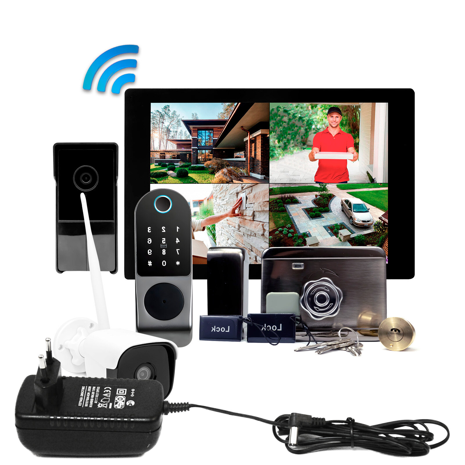 Радиоканальный видеодомофон с камерой и биометрическим замком - СкайНет 1000 (1+1+SL-812) (C72777VC): HD Wi-Fi монитор 10 дюймов, вызывная панель, з