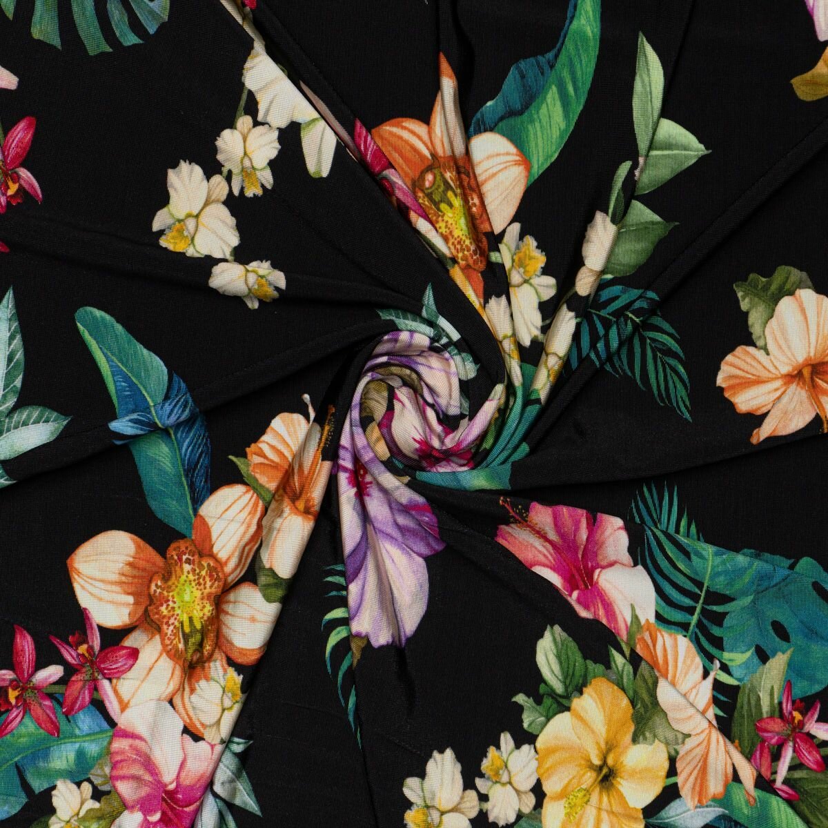 Трикотажная ткань, принт цветочный, плательная, 92 % вискоза, 8 % эластан, 1.35x6 м