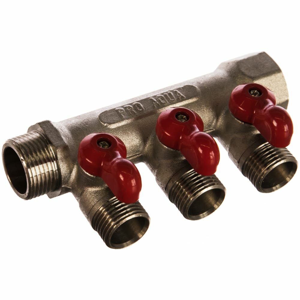 Коллектор с отсекающими кранами (плоскость) PRO AQUA 3/4, 3 х 1/2 V100.03-m20-f20, латунный блок для систем