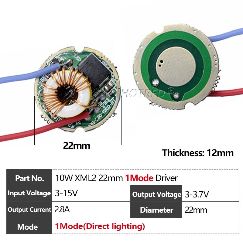 Драйвер фонарика HotRed 10 Вт 17/20 мм 1/5 режимов DC3V 2.8A 22mm 1Mode, 1PCS