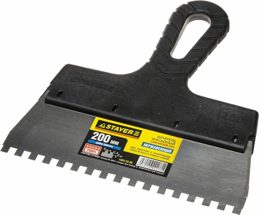 Шпатель фасадный STAYER PROFlat, 200 мм, зуб 6 х 6 мм, пластиковая ручка, нержавеющий, профессиональный 1009-20-06
