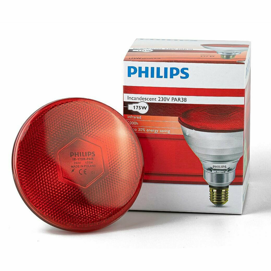 1шт/уп. (600530)Лампа Инфракрасная красная Спот 175W 220-240V E27 PAR38 D-121mm L-136mm Диммируемая Для обогрева теплиц, ферм, курятников, готовых блюд, жилых и нежилых помещений. Philips, уп. 1шт