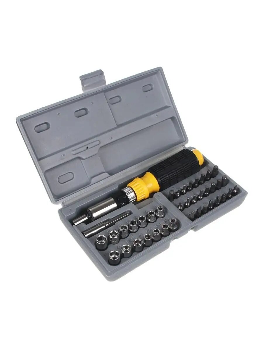 Отвертка реверсивная с набором бит и торцевых головок, магнитный держатель, 41 предмет, в кейсе