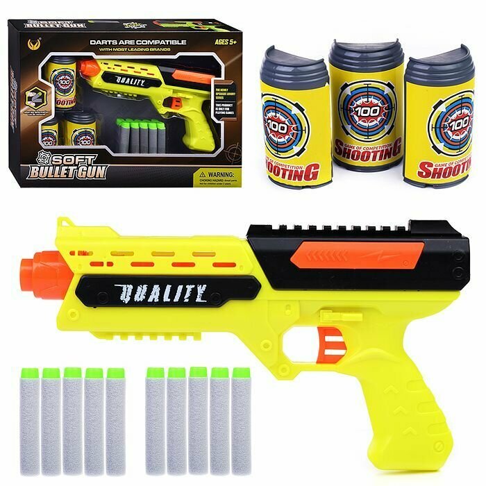 Тир Oubaoloon "Отряд альфа", черно-желтый пистолет, банки-мишени и мягкие пули, в коробке (YL-269)