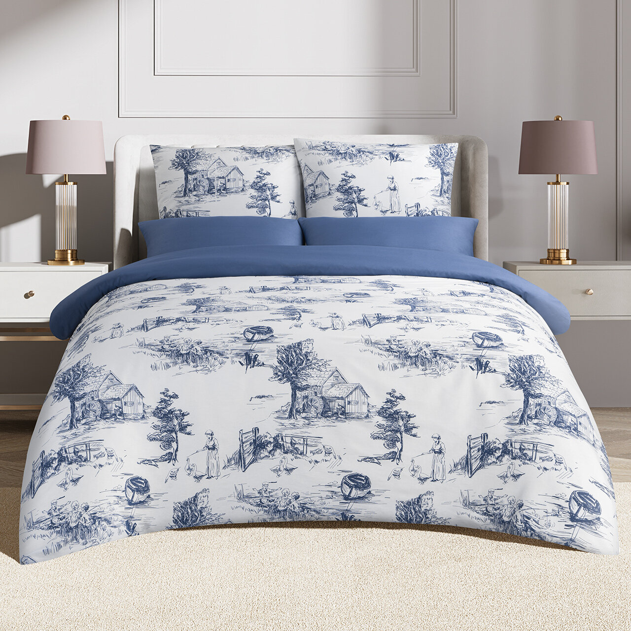 Постельное белье 2-спальное с резинкой Гармоника "Аркадия", сатин, (100% хлопок), белый, синий, Ecotex