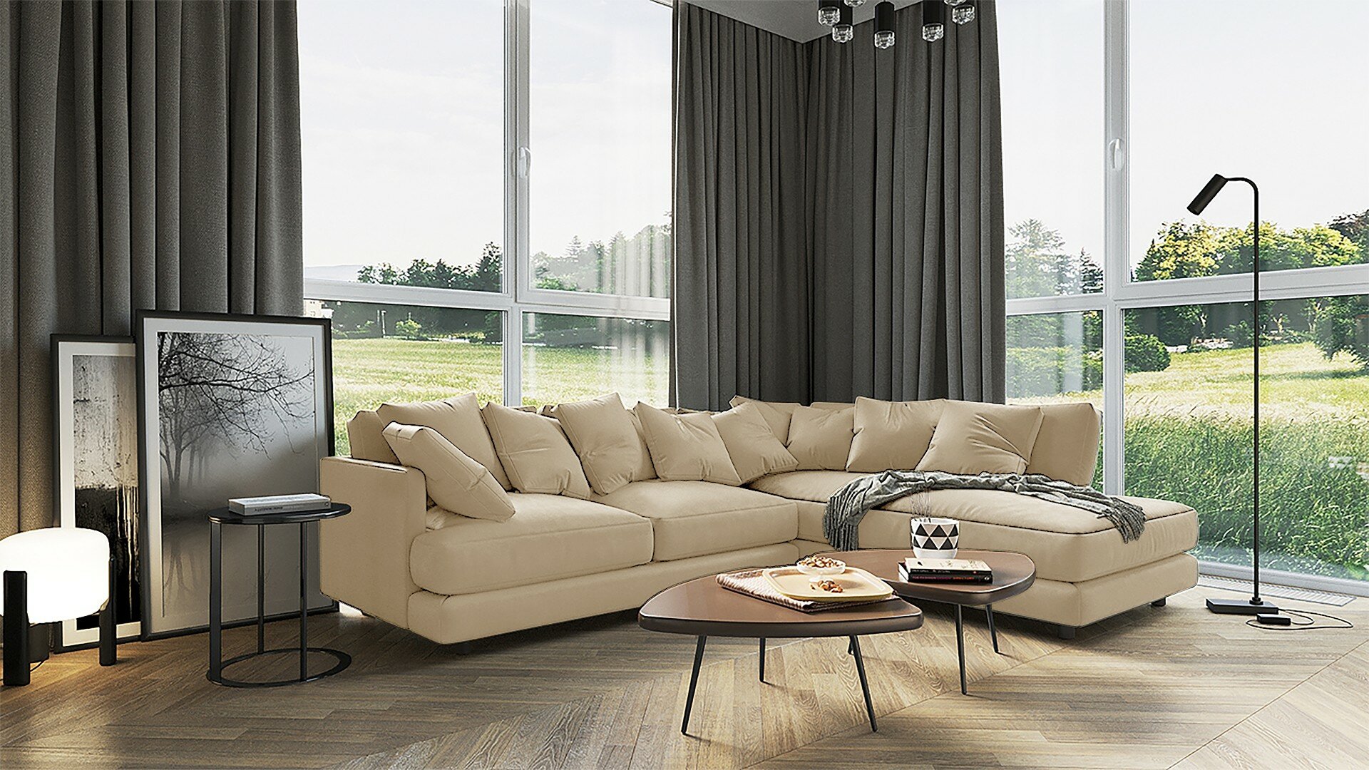 Угловой диван Ибица Velutto 02 NEW 300x209x90 см, бежевый Велютто, еврокнижка GOODFORM