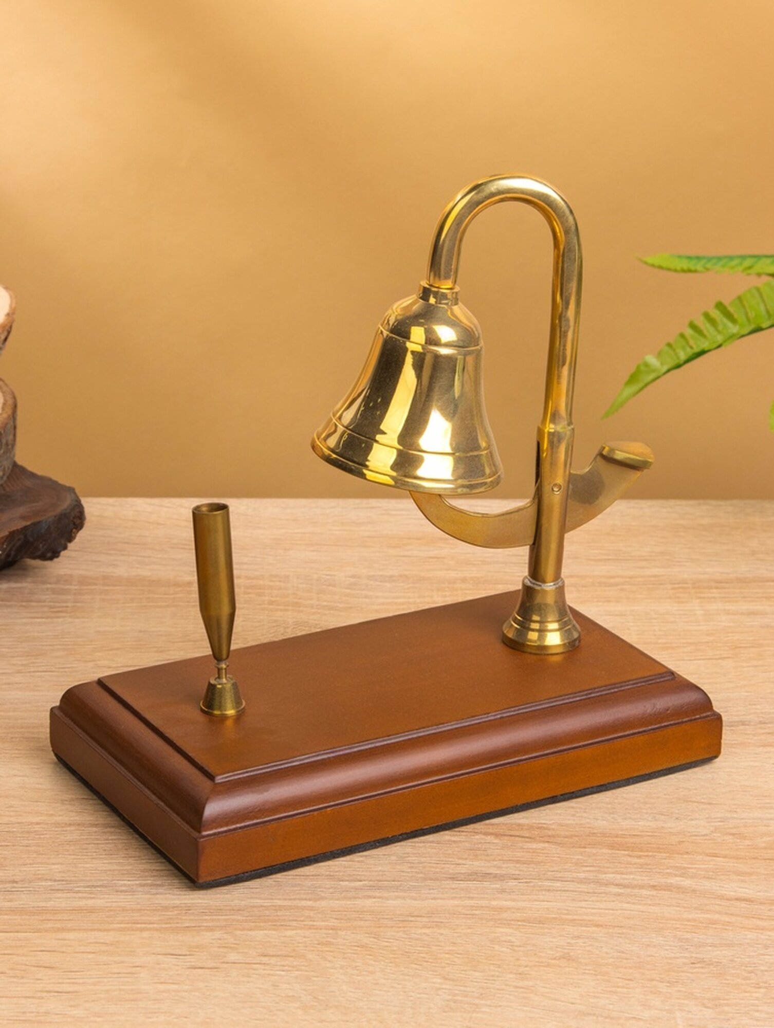 Колокол настольный с подставкой для ручки 10×18×18 см, латунь, дерево