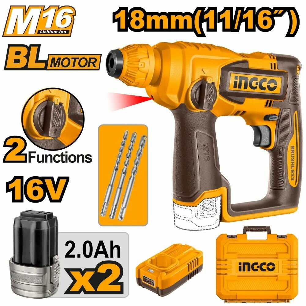 Аккумуляторный перфоратор 16В BL 1.8Дж 2хАКБ 2Ач и ЗУ INGCO CRHLI16168 INDUSTRIAL