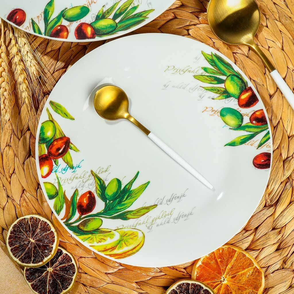 Тарелка десертная Daniks Олива керамическая 20 см, для микроволновки и посудомоечной машины, белая с рисунком