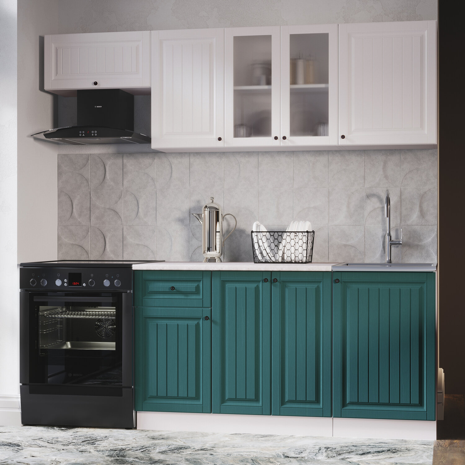 Кухонный гарнитур, готовый комплект Хозяюшка 2.1 метра Акация белая/Моренга.