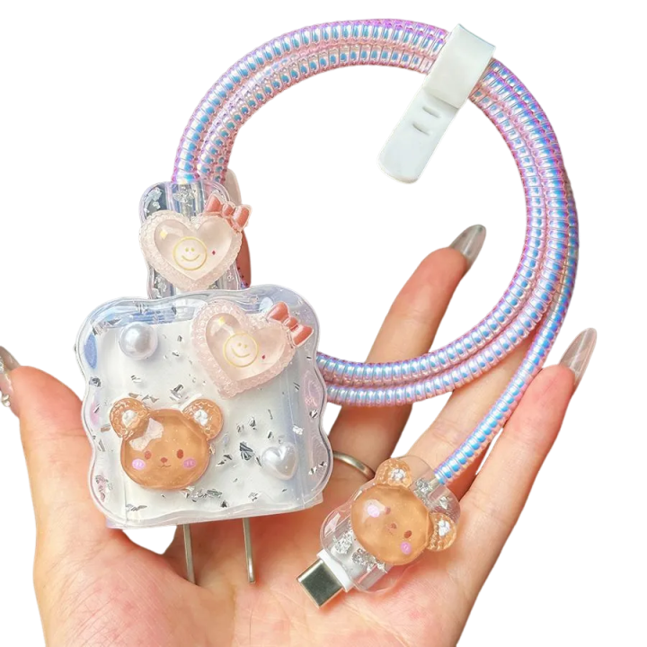 Защитное кожухо для кабеля и зарядного устройства / футляр для зарядного кабеля, пинк, синий, белый, 100*120 мм, 55 грамм, комплект: чехол для кабеля, стяжка для провода, чехол для адаптера, пластик, Китай