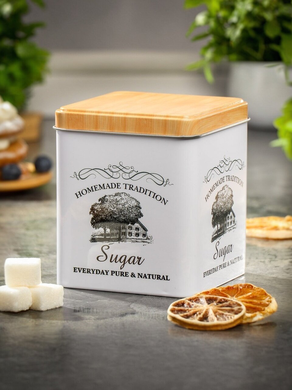 Банка для сыпучих продуктов металлическая с крышкой 10х10х12 см белая Сахар Y3-1189-3