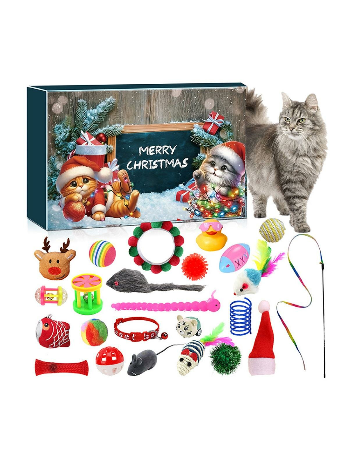 Кошачий Адвент-календарь на 24 Игрушки для Мяукающего Рождества, 24 Дня Кошачий Игрушечный Календарь Обратного отсчета Рождественская игрушка для любителей Котенка и кошек