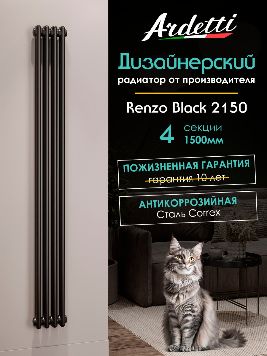 Renzo 2х1500 (двухтрубный) - вертикальный трубчатый радиатор высотой 1500 мм, боковое подключение, 4 секции, черный