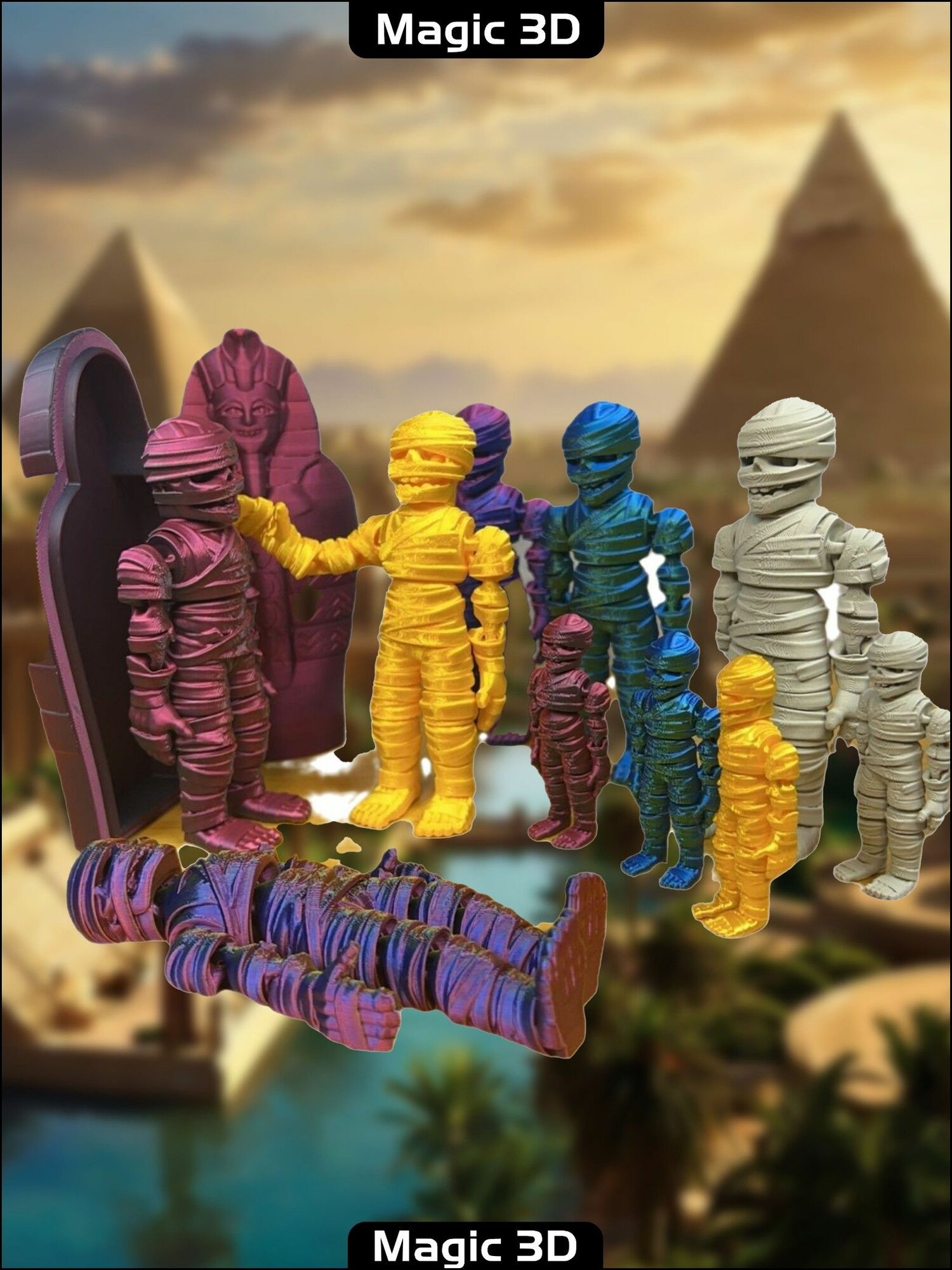 Игрушечная фигурка мумии с 3d-принтом, с саркофагом, кукурузный материал, 9,5 см