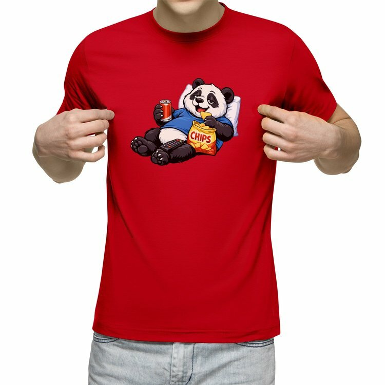 Мужская футболка «Ленивая панда с чипсами и газировкой» (красный, L)