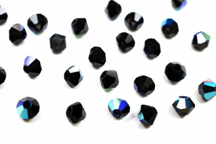 Бусины биконусы хрустальные 3мм, цвет JET AB, 745-027, 20шт