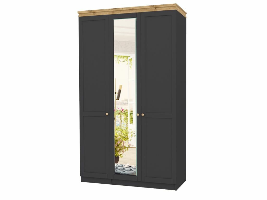 Шкаф 3х створчатый Лиана-1 Дуб Крафт Золотой / Графит ширина 145 см ЛДСП с зеркалом с полками в спальню