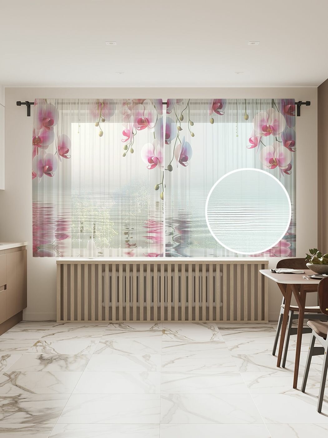 Тюль, фототюль короткий JoyArty "Отблеск орхидей" высота 180 см, ширина 145 см (по 2 полотна)