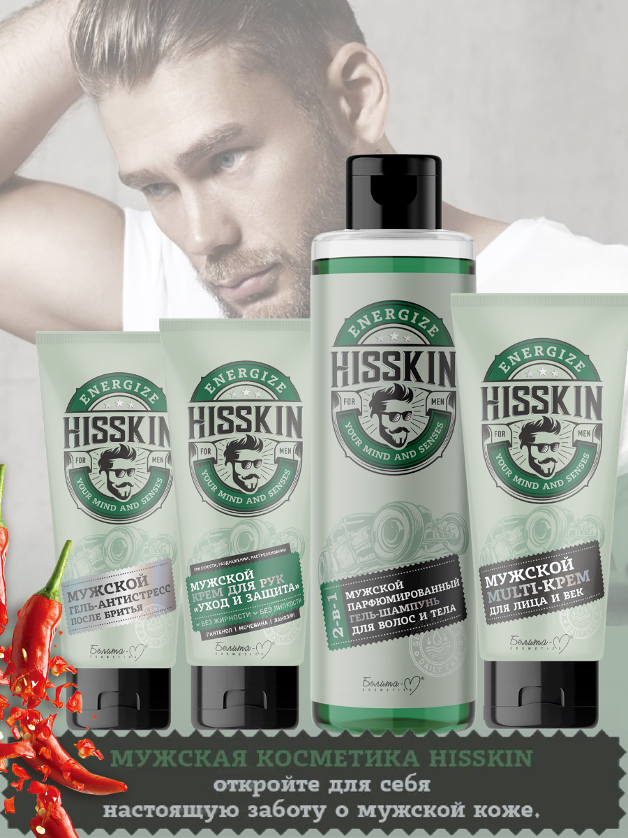Набор мужской подарочный косметический HISSKIN 4 предмета (гель-шампунь, крем для рук, крем для лица, гель после бритья)