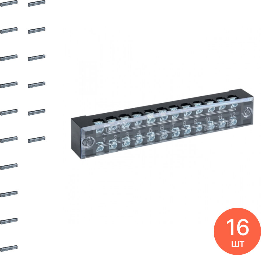 Блок зажимов EKF / ЕКФ PROxima TB-1512 колодка клеммная в корпусе из термопласта черная, сечение 1.5мм2, 15А, 660В, 12 пар контактов / электрика (комплект из 16 шт)