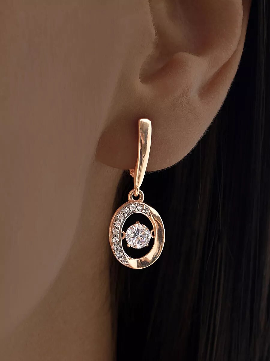 Серьги с подвесками, серебро, 925 проба, золочение, фианит