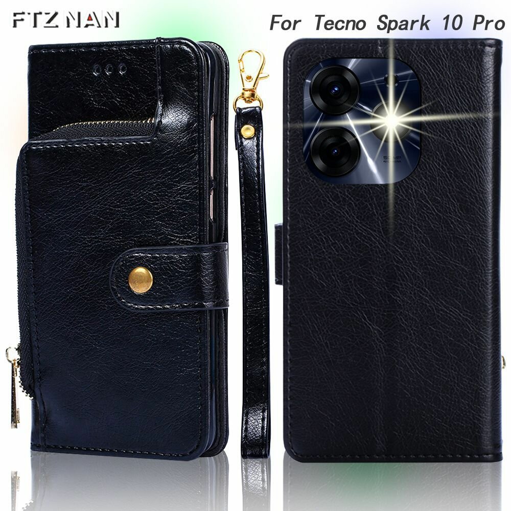 Чехол-книжка на Tecno Spark 10 Pro/ подходит для Техно Спарк 10 Про, Новый, противоударный, сумка на молнии, с защита камеры, черный