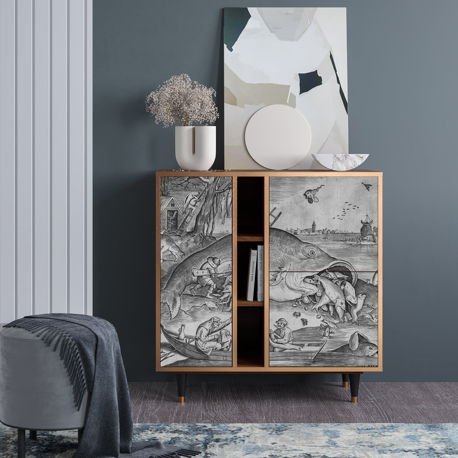 Комод - STORYZ - BS5 Big Fish Eat Little Fish by Pieter Bruegel, Размер - 94 x 96 x 41 см, Цвет корпуса - , Орех