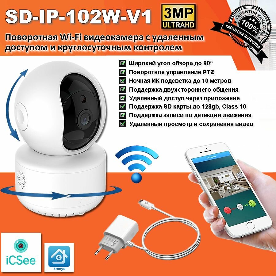 WIFI камера внутренняя SD-IP-102W-V1, wi-fi видеокамера беспроводная поворотная 3mp