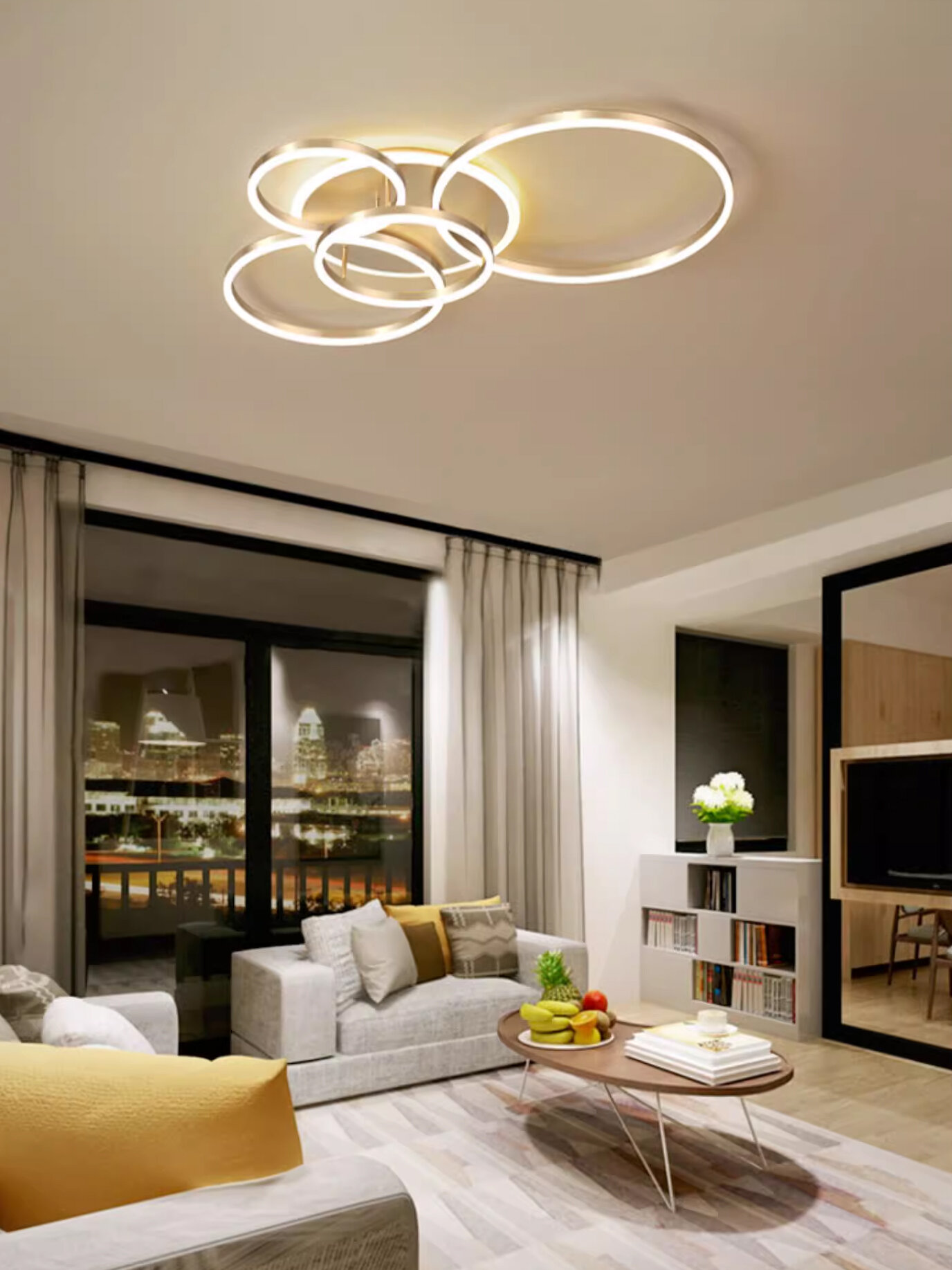 Потолочная светодиодная люстра кольца золотая 4+1 пульт приложение