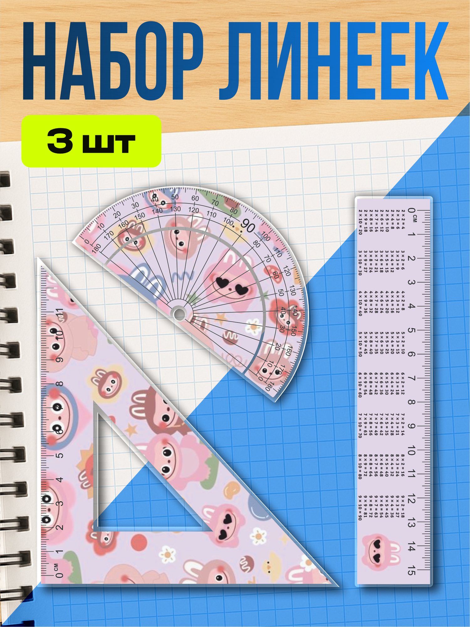Набор линеек для школьника с транспортиром Лабубу
