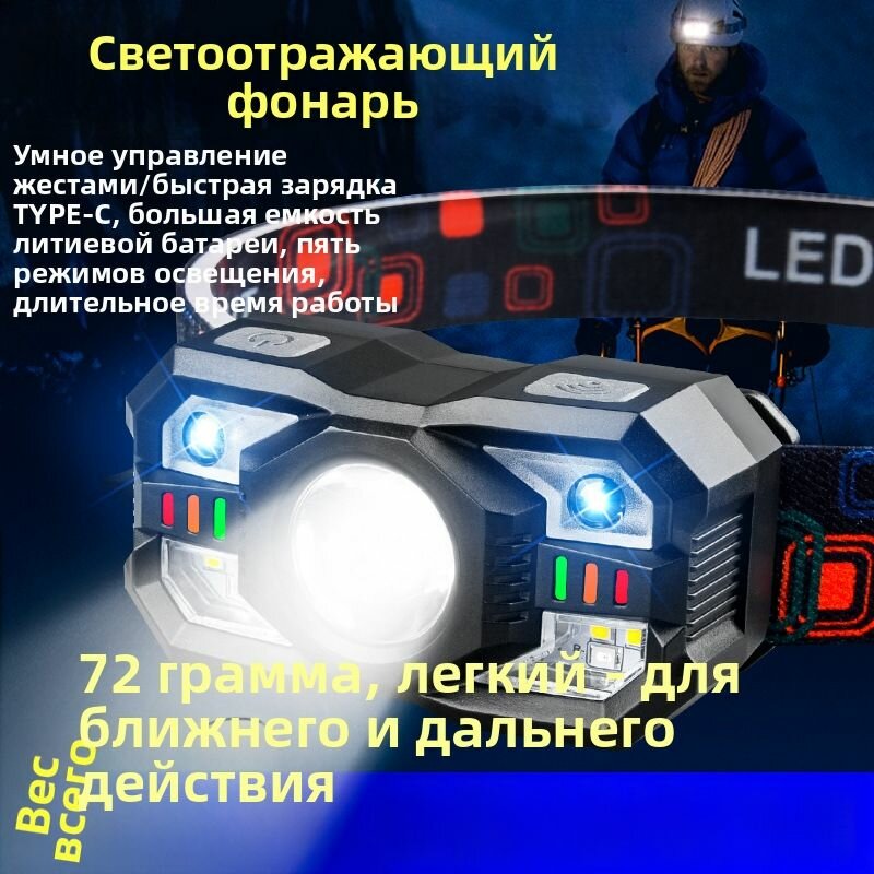 Налобный фонарь 200 люмен, Type-C, перезаряжаемый, с боковым и красным светом (100г) для рыбалки, кемпинга, бега