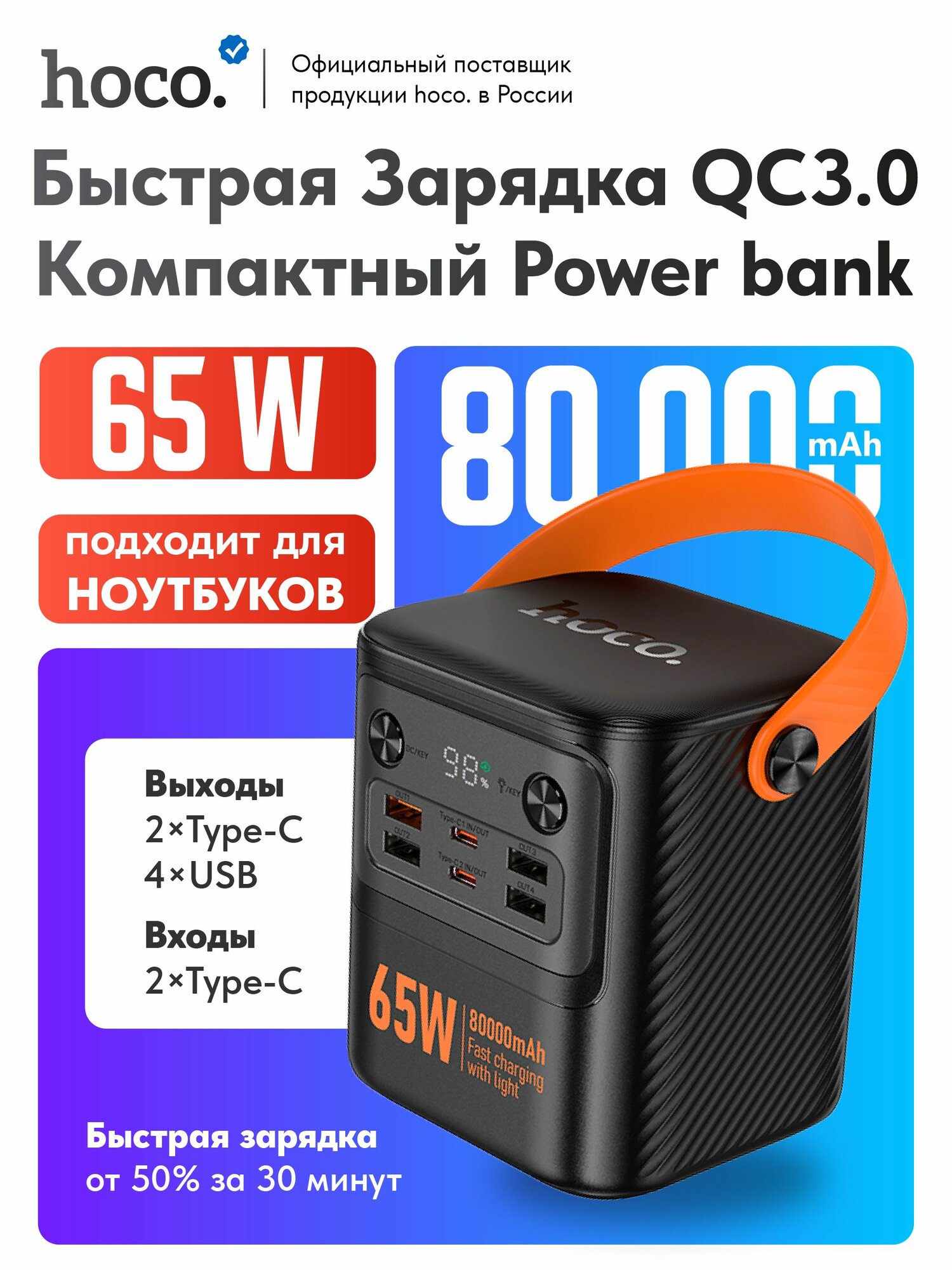Быстрая зарядка. Повербанк Hoco J152 Pro 80000 mAh черный. Powerbank внешний аккумулятор с фонариком для ноутбуков