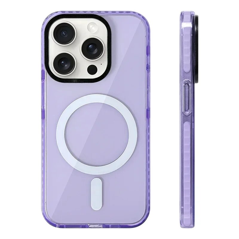 Прозрачный неоновый цветной чехол MagSafe для iPhone 17 15 16 Pro Max 13 14 12 11, мягкий силиконовый чехол-бампер с беспроводной зарядкой Purple, For iphone 15Pro