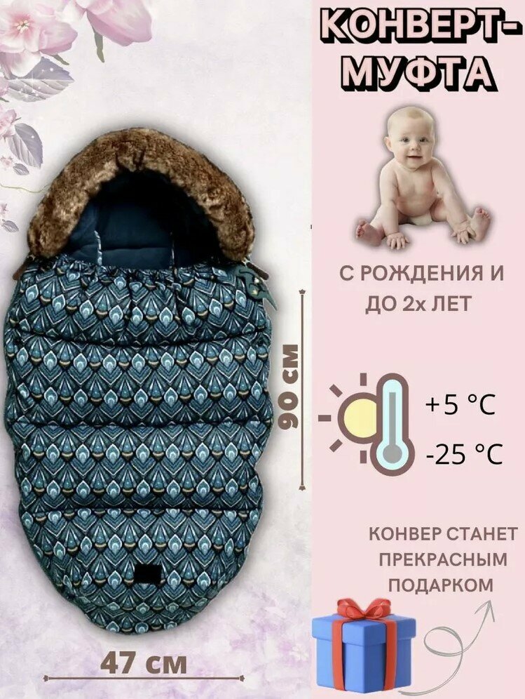 Конверт зимний с опушкой в коляску Luxbay цвет Павлин