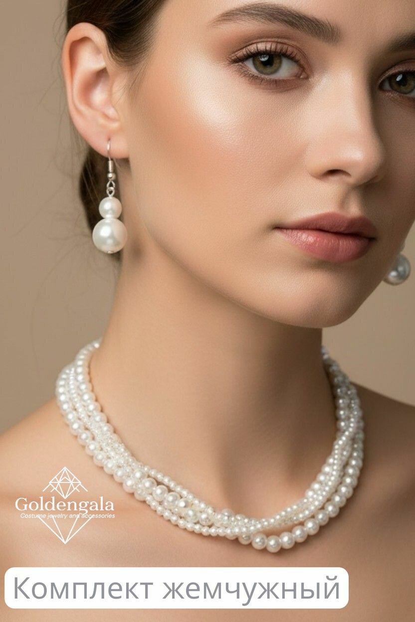 Комплект бижутерии: колье, металл, жемчуг имитация