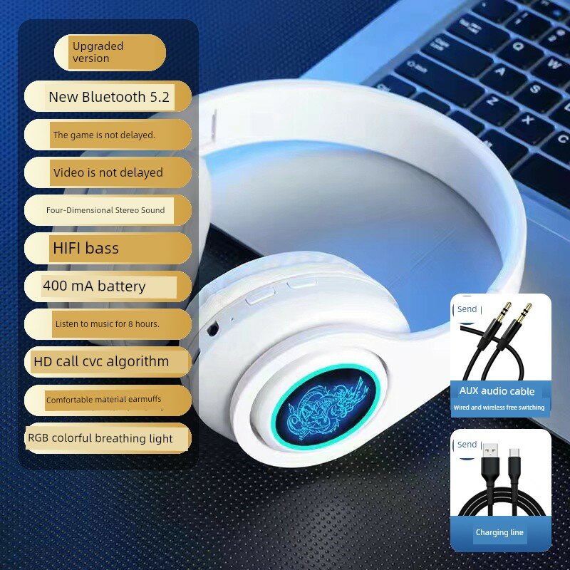 Беспроводные наушники-головные с Bluetooth 5.2, RGB-подсветкой, белый узор «дракон» для игр и музыки