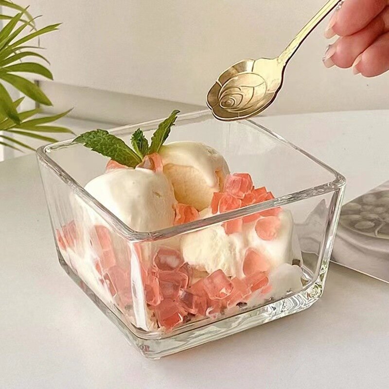 Японская прозрачная квадратная стеклянная миска с золотой отделкой, 201-300 мл для сладких блюд